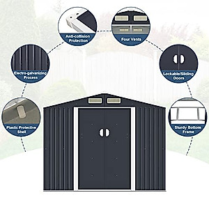 HOGYME 9.1' x 6.3' Storage Shed, Sheds & Outdoor Storage with Double Sliding/Lockable Door, Metal Tool Shed for Garden Backyard Patio Lawn, Gray