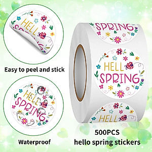 Heyfibro 500PCS Hello Spring Sticker Rolls, 1.5 Inches Round Label Stickers for Kids and Adults, Spring Holiday Stickers for Gift Packing, Cards, Candy Bags, Party Supplies