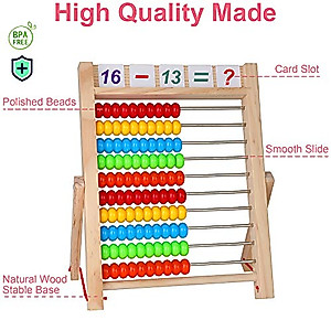 KIDWILL Preschool Math Learning Toy,10-Row Wooden Frame Abacus with Multi-Color Beads, Counting Sticks, Number Alphabet Cards, Gift for 2 3 4 5 6 Years Old Toddlers Boys Girls