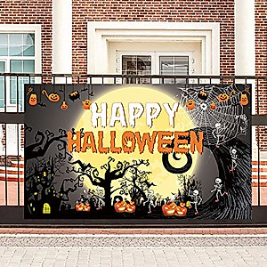 Famoby Happy Halloween Theme Fabric Sign Poster Banner Backdrop Metallic Shiny Latex Balloons for Birthday Photo Booth Background Party Decorations Supplies
