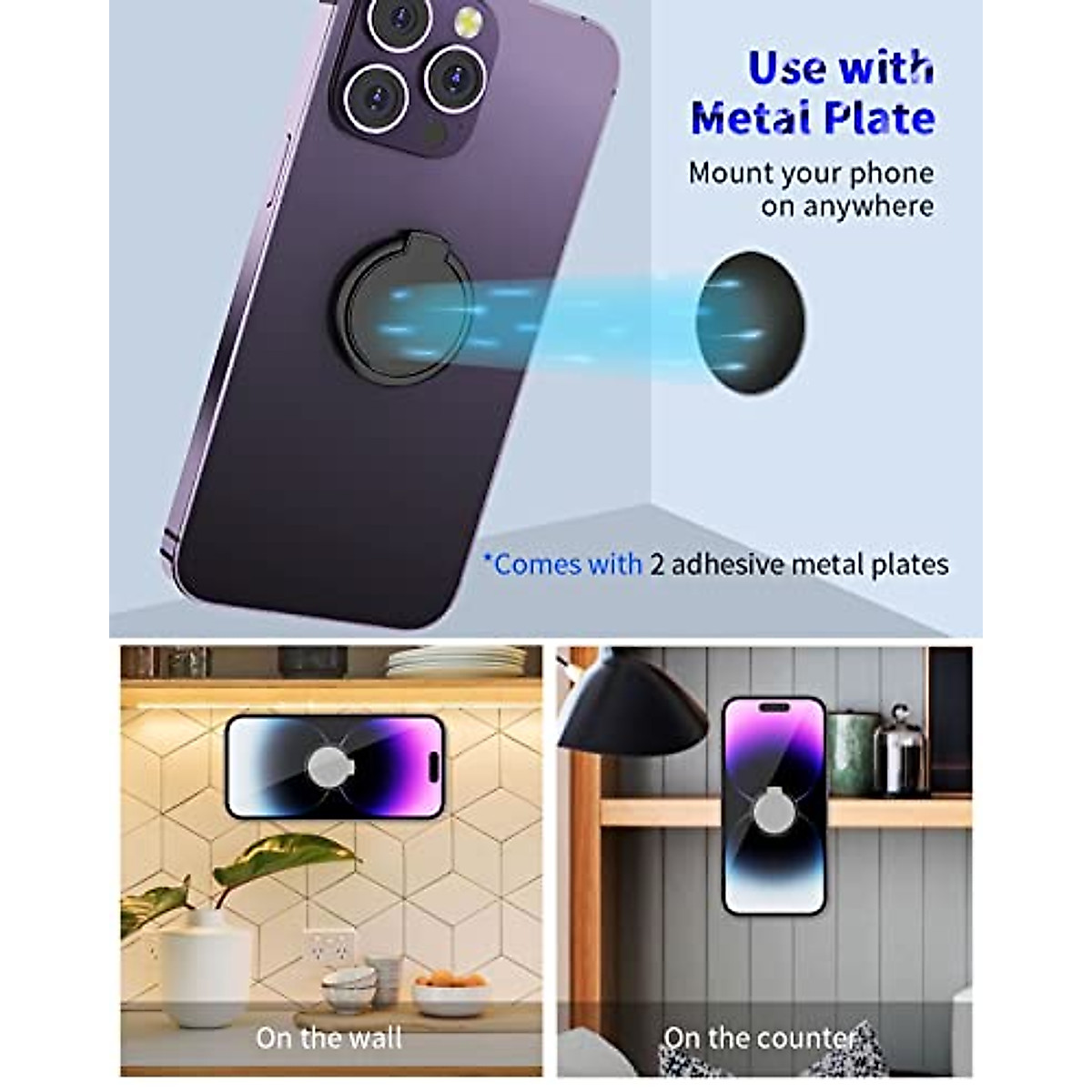 Nicwea Magnetic Phone Grip [4 Strong Magnets] Mount for All Metal Surface, Ultra-Slim Metal Phone Ring for Magnetic Car Holder Compatible with iPhone 14/13/12 Pro Max, Samsung & Any Phones, Black