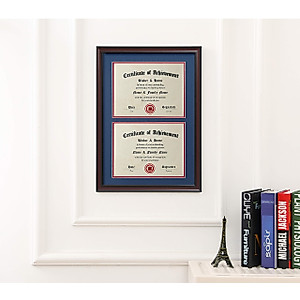 ELSKER&HOME Double Certificate Frame-Cherry Wood Color - 2.0mm Panels-Made for Document&Diploma for Two 8.5x11 Inch with Mat and 14x20 Inch Without Mat(Double Mat,Navy with Red Rim)