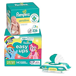 Pampers Easy Ups Pull On Training Pants My Little Pony, 2T-3T, One Month Supply (140 Count) with Sensitive Water Based Baby Wipes 6X Pop-Top Packs (336 Count)