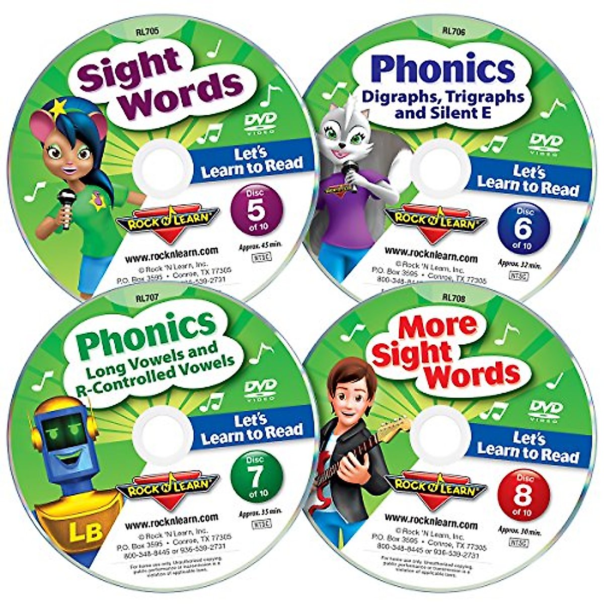 Let’s Learn to Read 10 DVD Collection by Rock ‘N Learn (170 sight words, covers all phonics rules, vowels, consonants, blends, digraphs, practice sections to build reading fluency, 80 downloadable worksheets and more.)