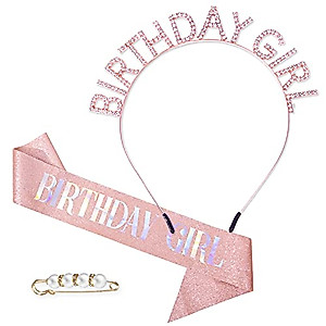 Birthday Crown for Girls, ADIIL Birthday Girl Sash and Birthday Tiara for Women Set, Rose Gold Birthday Girl Headband and Birthday Sash for Women, Happy Birthday Accessories Gifts