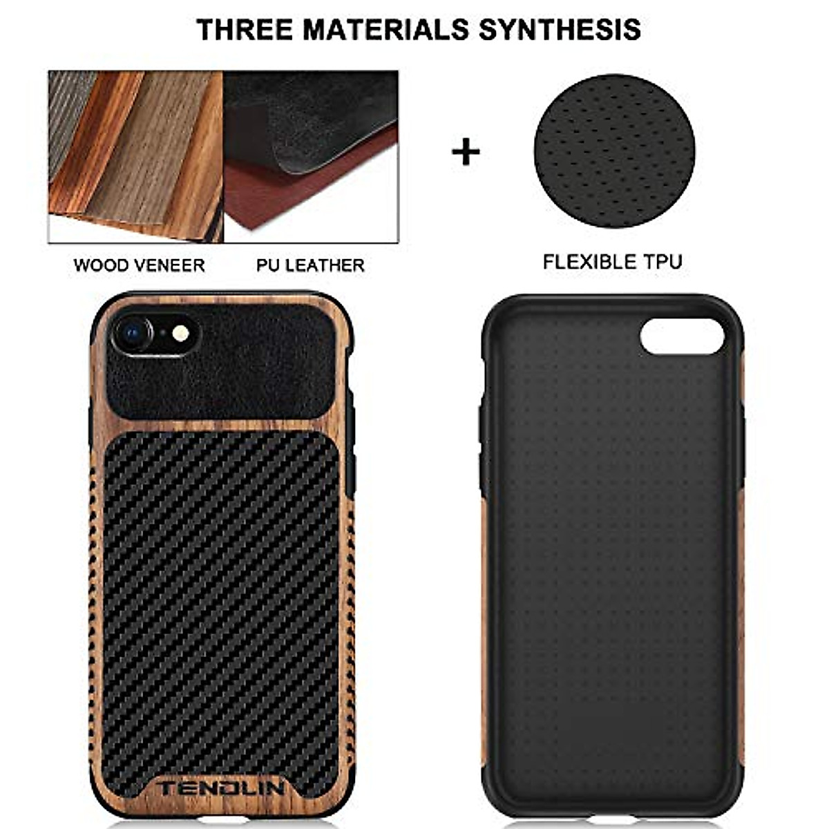 TENDLIN Compatible with iPhone SE 2022 Case (3rd Gen)/iPhone SE 2020 Case (2rd Gen)/iPhone 8 Case/iPhone 7 Case Wood Grain with Carbon Fiber Texture Design Leather Hybrid Slim Case Black