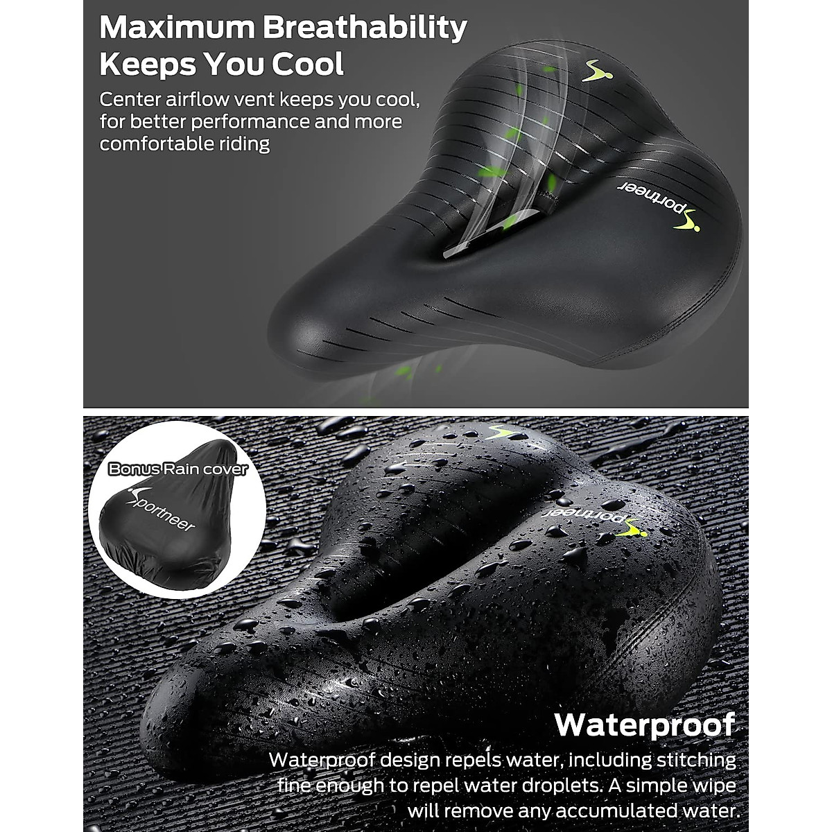 Sportneer Comfort Spin Bike Seat: Bicycle Seat Cushion for Men Women, Memory Foam Padded Bike Seat Cushion, Waterproof Shock-Proof Bike Saddles, Perfect for Peloton Bikes Indoor Outdoor Cycling