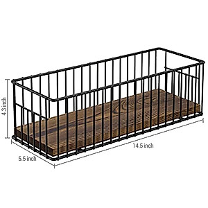 MyGift Toilet Paper Roll Holder Basket, Industrial Matte Black Metal Wire and Rustic Burnt Wood Above Tank Bathroom Toiletries Storage Organizer Vanity Basket