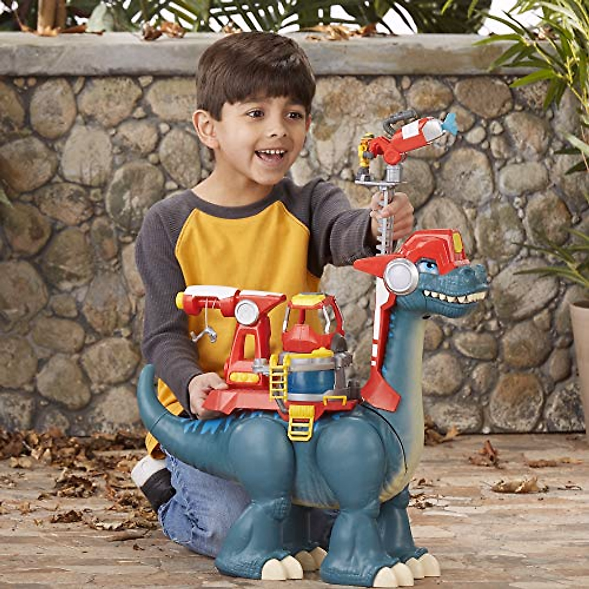 Chomp Squad Playskool Blazeasaurus and Sparks McKenzie, 20-Inch Brachiosaurus Dinosaur Firefighter Toy and Action Figure for Kids 3 and Up