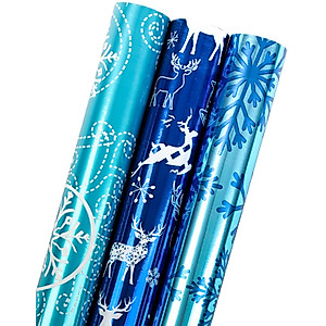 MAYPLUSS Christmas Wrapping Paper Roll - Mini Roll - 17 inch X 120 inch Per roll - 3 Different Blue Design with Glitter Metallic Foil Shine (42.3 sq.ft.ttl)