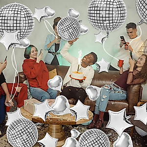 Jerbor 60PCS Disco Ball Balloons with Pump,4D Disco Party Decorations,Love-Shaped Star-Shaped Balloons,Silver Disco Mylar Balloons for 70s 80s Disco Themed Birthday New Year's Party Decor Supplies