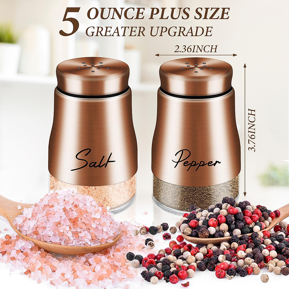 Copper Salt and Pepper Shakers Set, 5 oz Glass Bottom Salt Shaker with Stainless Steel Lid Modern Farmhouse Kitchen Decor and Accessories for Restaurant, Wedding, Housewarming Gifts (Copper)