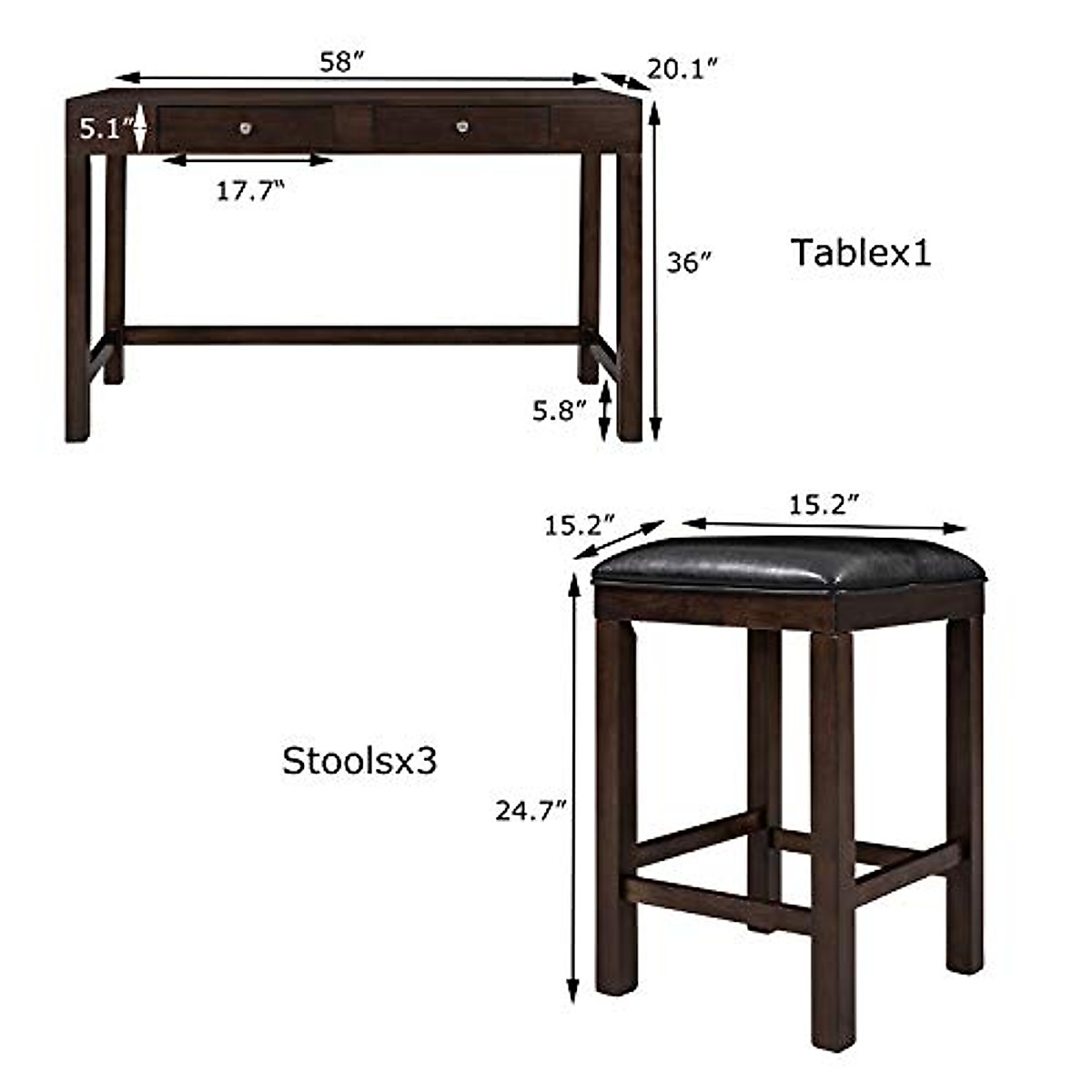 Knocbel 4-Piece Counter Height Table Set with Storage Drawers and Socket, Home Kitchen Bar Dining Room Set with 3 Faux Leather Padded Stools (Espresso)
