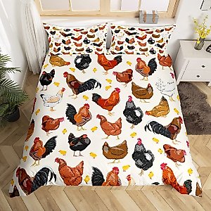 Feelyou Chicken Comforter Cover Cute Chicken Pattern Bedding Set for Boys Girls Children 3D Animals Theme Duvet Cover Room Decor Twin Size Quilt Cover 2Pcs