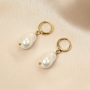 Pearls Hoop Earring Pearl Drop Dangle Earrings 12mm Shell Baroque Pearl Earrings for Women Dainty Jewelry