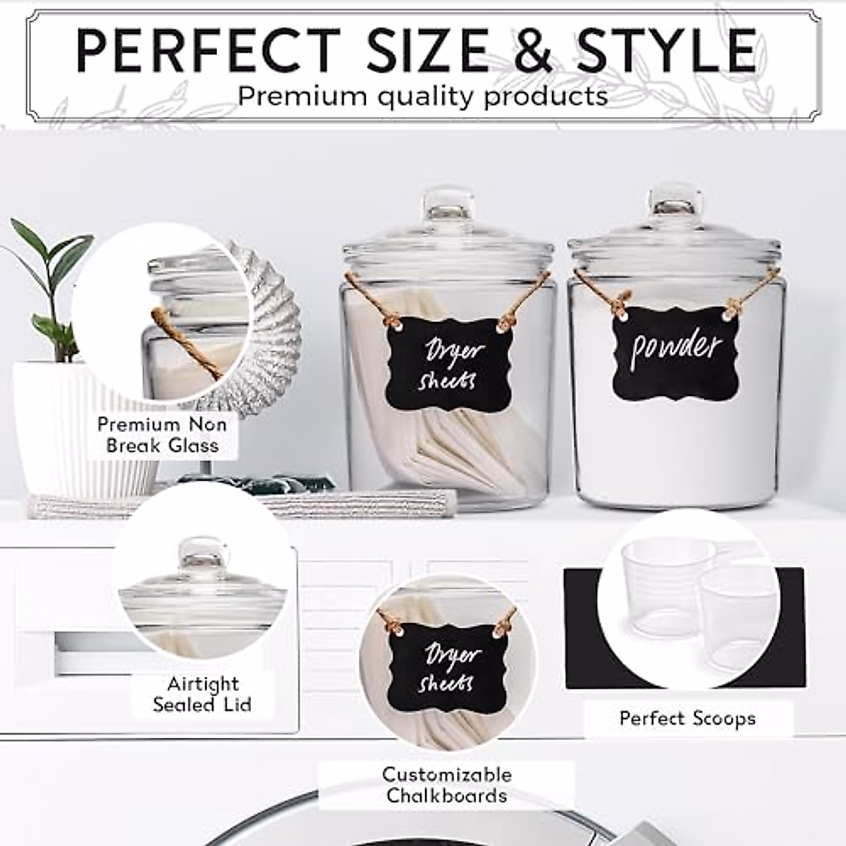 Arjust Glass Jars for Laundry Room Organization Jars Half Gallon Laundry Pods Container with Scoops Labels Chalkboards eBook Laundry Jars for Detergent Powder Dryer Balls Scent Boosters Dryer Sheets
