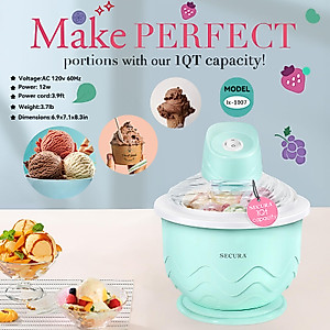 Secura Ice Cream Maker, DIY Visualization Ice Cream Machine for Gelato, Sorbet, Frozen Yogurt, Perfect for Beginners, Food Grade Safe Material, 1QT