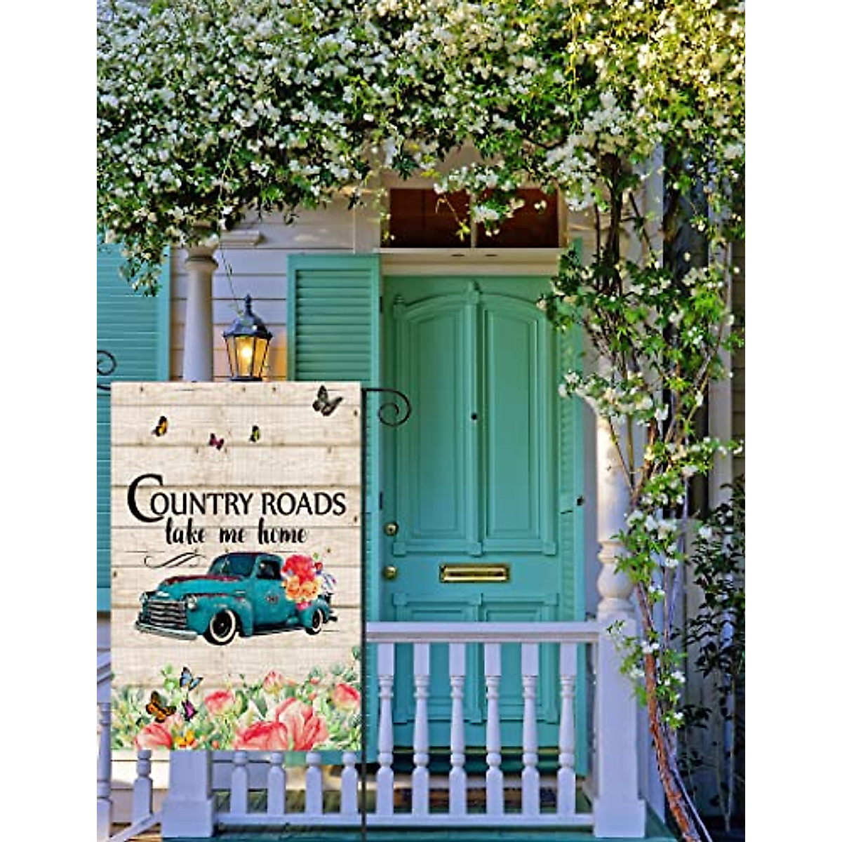 Spring Garden Flag 12x18 Inch Double Sided,Blue Truck with Flowers Country Roads Take Me Home Yard Flag,Small Flag for Farmhouse Outdoor Decor