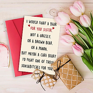 Londue Funny Birthday Card for Sister, Graduation Gifts for Sister from Mom Dad Friend Brother Sibling, Sister Card-I Would Fight A Bear for You Sister