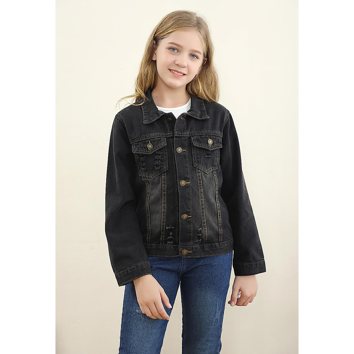 Cromoncent Boys Girls Child Casual Denim Jacket Kids Toddler Button Down Coat，Denim Black 5-6Y