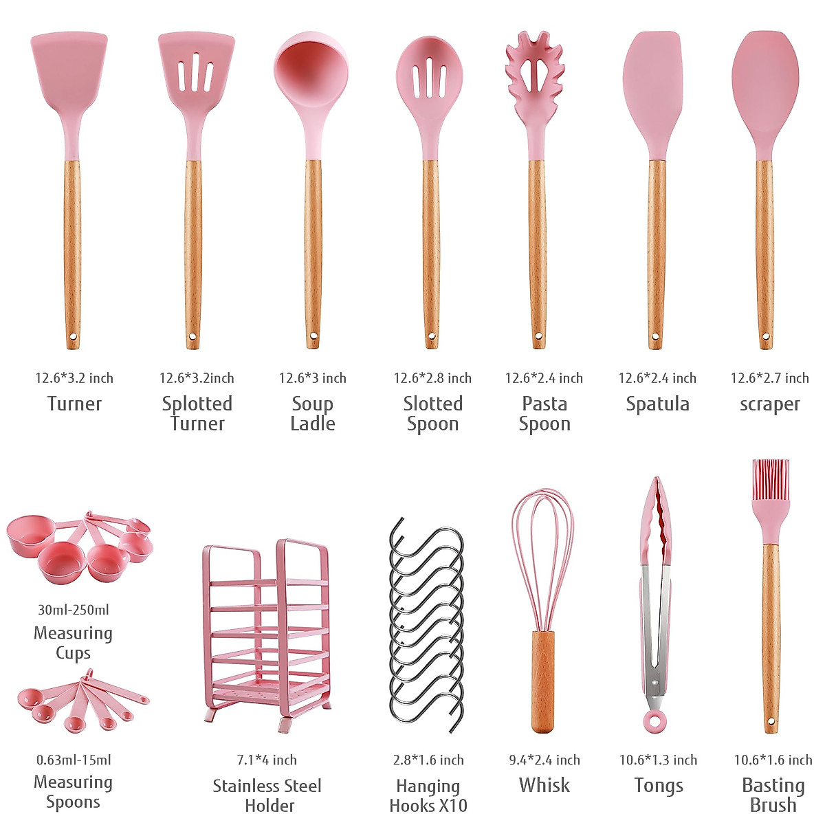 hecef Kitchen Utensils Set, 32 PCS Silicone Cooking Utensils Set with Stainless Steel Holder, 446°F Heat Resistant Food Grade Kitchen Gadgets Tools Set Wooden Handle for Nonstick Cookware (Pink)