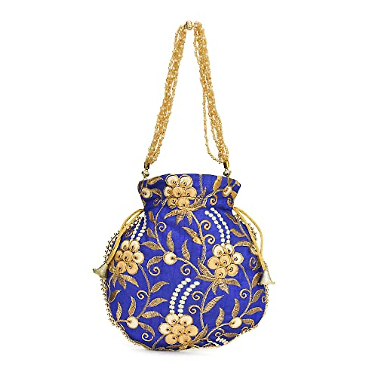 Ekavya Indian Drawstring Purse Bag Pouch Potli For Gift Jewelry Gifts Wedding Faux Pearls Strings Drawstring Bag for Women. Purse for Women (Blue)
