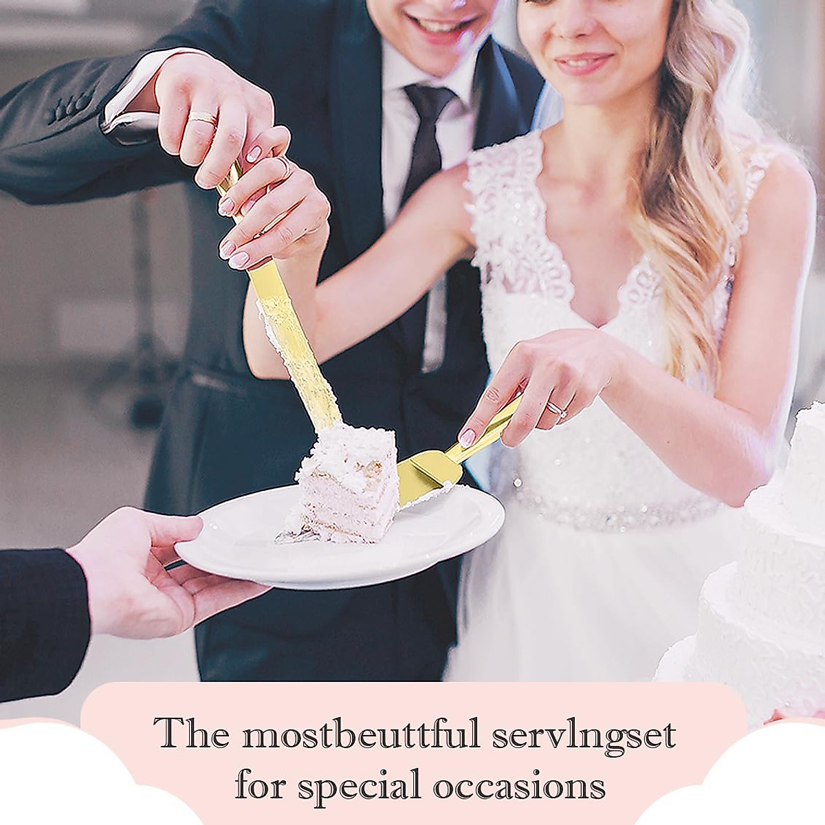 Teivio Cake Cutting Set (2 Pieces), Stainless Steel Wedding Cake Knife and Server Spatula, Cake & Pie Serving Set for Birthday, Wedding, Parties, Thanksgiving (Gold)