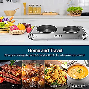DIDO 1800W Hot Plate, Portable Electric Stove Countertop Cast-Iron Double Burner with Adjustable Temperature& Anti-Slip Feet, Stainless Steel Cooktop for Home/Camp/RV, Compatible for All Cookwares