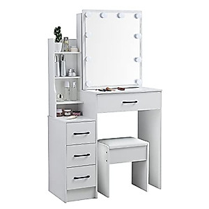 Vanity Set Dressing Table with Lighted Mirror, Modern Storage Makeup Table with 5 Drawers and Stool,White (H1903)