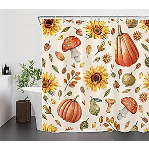 HVEST Fall Shower Curtain and Bathroom Rugs, Pumpkin Sunflower Autumn Leaf and Mushroom on Beige Shower Curtain with Bath Mat, 72X72 inches Farmhouse Fall Thanksgiving Bathroom Shower Curtain Set
