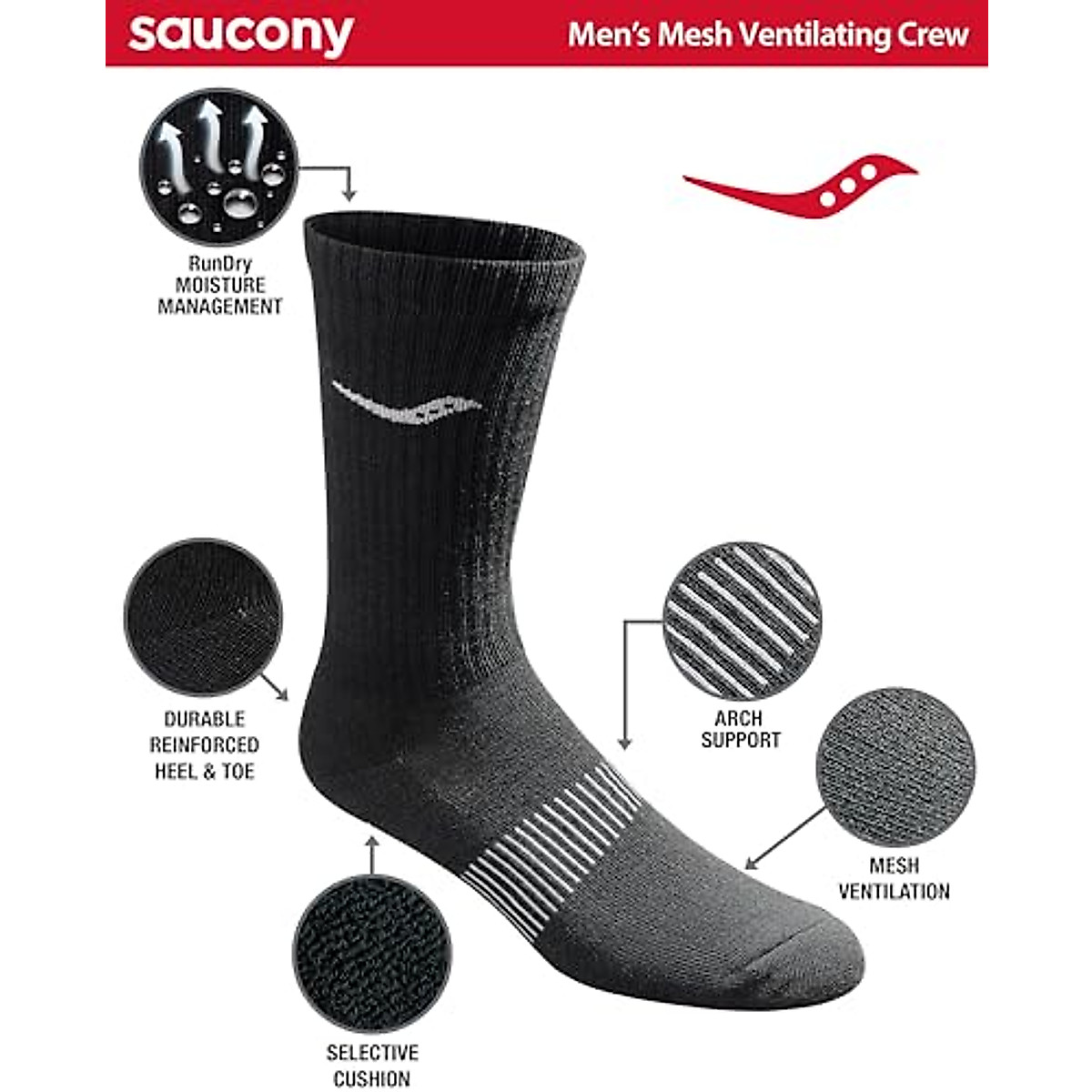 Saucony Men's Mesh Ventilating Comfort Fit Performance Crew Socks, 3, L-XL, Black (12 Pairs), Black Assorted (6 Pairs)