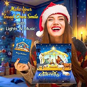 FITMITE Christmas Cards, MUSIC & LIGHTS Pop-up 3D Merry Christmas Card, Nativity of Jesus Christmas Card, Christmas Gifts for Women Men Kids Mom Dad, Christmas Greeting Card with Envelopes