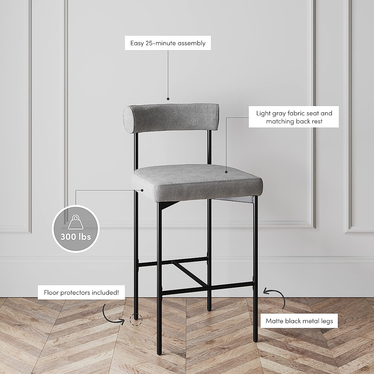 Nathan James Dahlia Counter Height Chair, Modern Barstool with Back, Mid-Century Metal Legs and Padded Cushion for Kitchen, Island and Bars, Light Grey/Black