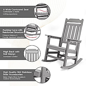 hOmeQomi Rocking Chair, All Weather Resistant Poly Lumber Outdoor Porch Rocker, Rocking Chairs for Outdoor, Indoor, Patio, Deck, Garden, Backyard, Load Bearing 380 lbs - Grey
