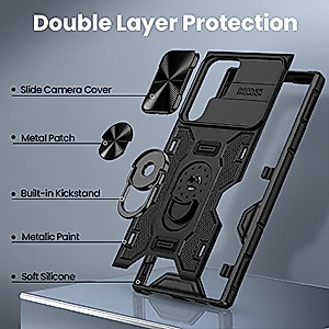 VEGO for Galaxy S22 Ultra Case with Slide Camera Cover, Built-in 360° Rotate Ring Kickstand Magnetic Shockproof Cover Case for Samsung Galaxy S22 Ultra 5G 6.8 inch 2022 Armor Style - Black