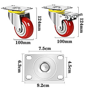 Castors Swivel Castor Wheels Industrial Plate Casters, for Furniture Table Shopping Cart Trolley Workbench, Silent Caster for Furniture, 2 Casters with Brake and 2 Without Brake Castor Wheel (Color :