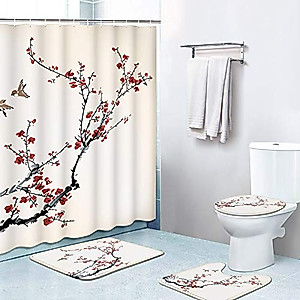 Britimes 4 Piece Shower Curtain Sets, Cherry Blossoms with Non-Slip Rugs, Toilet Lid Cover and Bath Mat, Durable and Waterproof, for Bathroom Decor Set, 72" x 72"