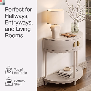 Scalloped Skirt Half Moon Console Table - Small Entry Table with Storage for Narrow Spaces - Modern Home Decor - Living Room Furniture - Solid Wood Entryway Table with Two Doors (Whitewash Oak)
