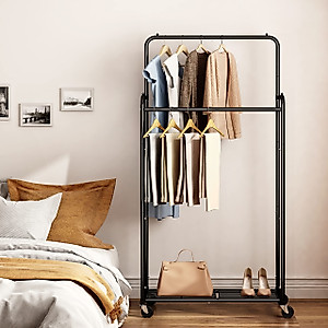 Simple Trending Double Rod Clothes Garment Rack, Heavy Duty Clothing Rolling Rack on Wheels for Hanging Clothes,with 4 Hooks, Black