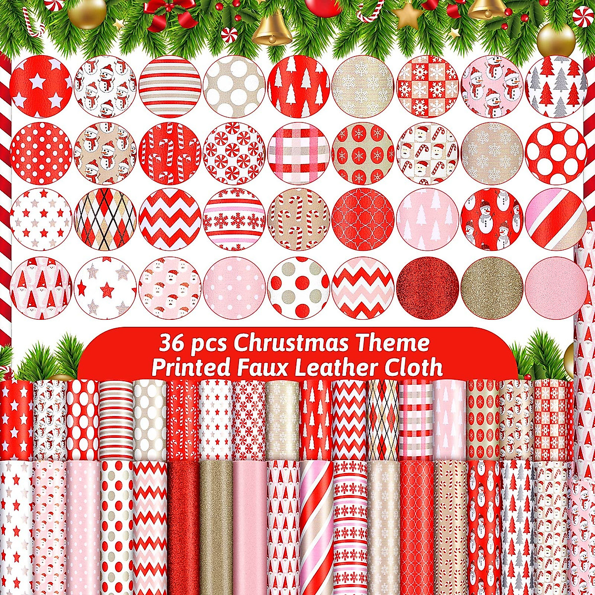 36 Pieces Christmas Faux Leather Sheets Glitter Faux Leather Fabric Snowflake Snowman Printed Christmas Fabric Synthetic Leather Sheet for DIY Christmas Craft Making, 8.3 x 6.3 Inch (Cute)