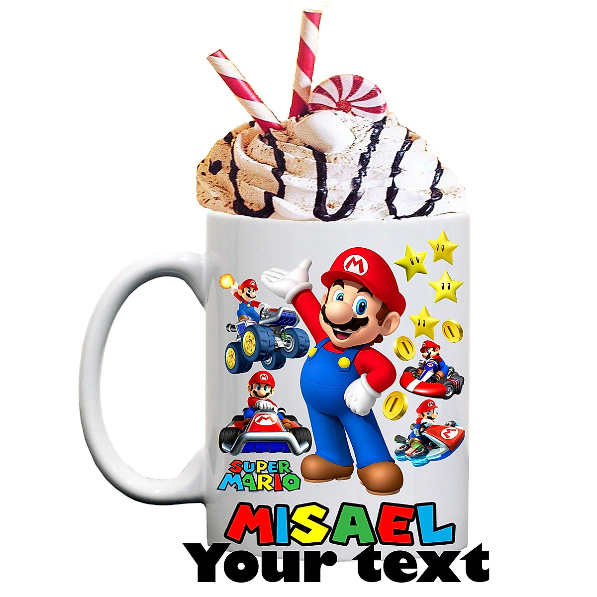 Personalize your Mario Bros chocolate or coffee ceramic mug, Mario gift mugs, gamer mug, put your name or text for front and back, use with left or right hand.Tazas personalizadas.