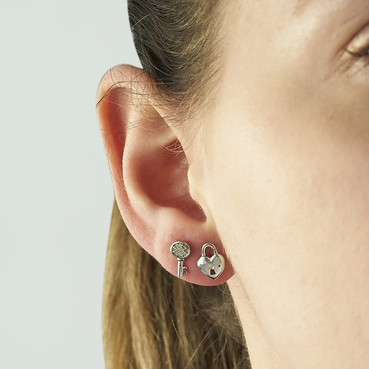 Timeless Love Diamond Accent Mismatched Earrings Set in Polished Sterling Silver, Heart & Key Shaped 0.39x0.20 Earrings with 0.05CT Round Diamond, Dainty Jewelry for Women, Women’s Fashion Earrings