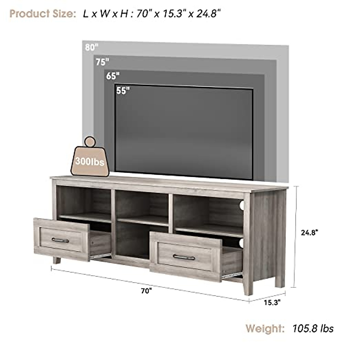SAINTCY TV Stand for TVs up to 80", Large Television Stands with Drawers for Living Room, TV Entertainment Center with Storage and Shelves, TV Cabinet Media Console Furniture for Bedroom (Grey)