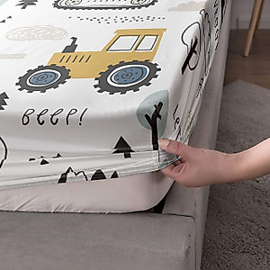 Datura home Woodland Construction Sheets Set 4Pcs for Kids,Cartoon Excavator Truck Lifter Print Sheet Set with 1 Flat Sheet and 1 Fitted Sheet + 2 Pillowcases(Woodland Construction Full)