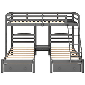 Full over Twin & Twin Bunk Bed,Triple Bunk Bed Frame for Boys Girls Kids Adults Toddler with Drawers, Gray