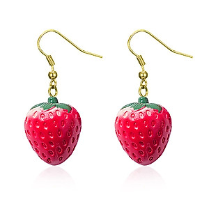 MALOYANVE 3D Strawberry Acrylic Earring for Women Cute Stereoscopic Red Strawberry Simulated Resin Fruit Dangle Earring, Country Style Ear Hook Jewelry (Stawberry)