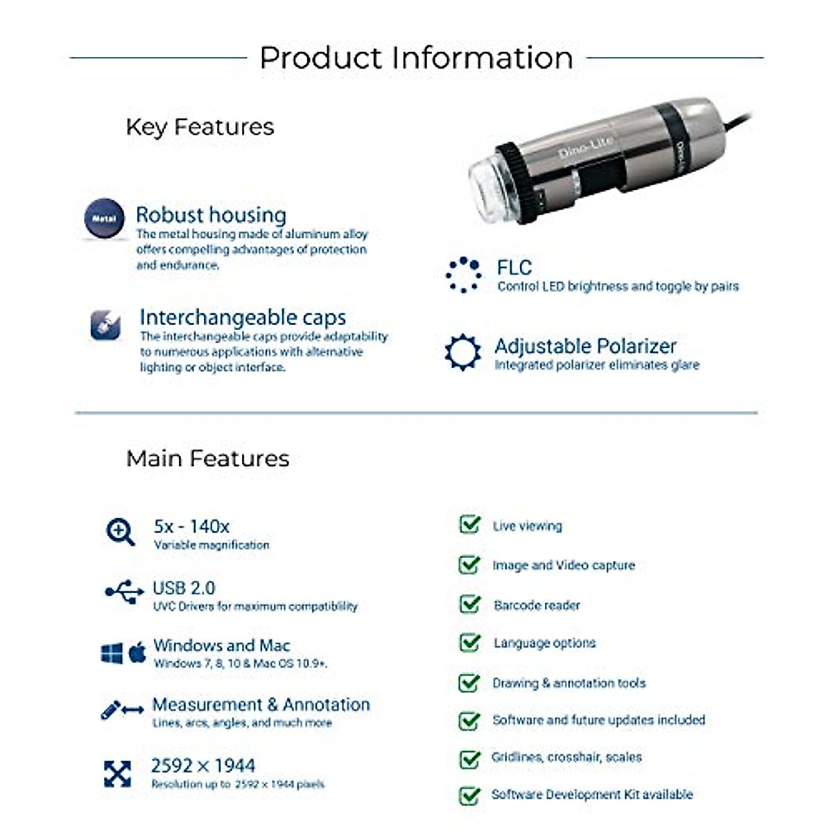 Dino-Lite USB Digital Microscope AM7115MZTL - 10x - 140x Optical Magnification, Measurement, Polarized Light