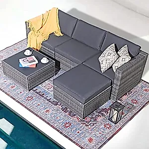 Patiorama 5 Piece Outdoor Patio Furniture Set, Outdoor Sectional Conversation Set, All-Weather Grey PE Wicker w/Dark Grey Cushions, Outdoor Backyard Porch Garden Poolside Balcony Furniture Set