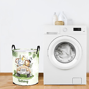 Jungle Animal Car Leaves Green Personalized Laundry Basket Hamper,Collapsible Storage Baskets with Handles for Kids Room,Clothes, Nursery Decor