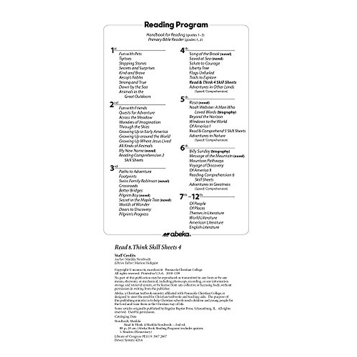 Read and Think 4 Skill Sheets - Abeka 4th Grade 4 Reading Comprehension Student Activity Book